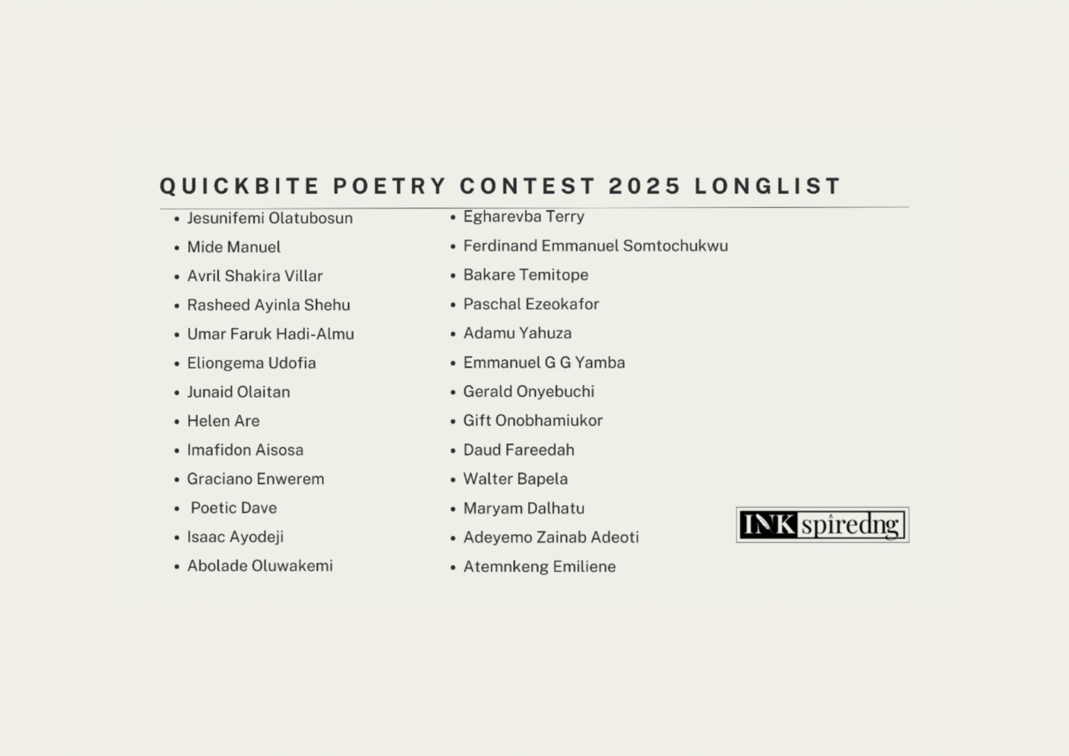 Quickbite Poetry Contest: 26 Poets Make 2025 Longlist - JAY Lit